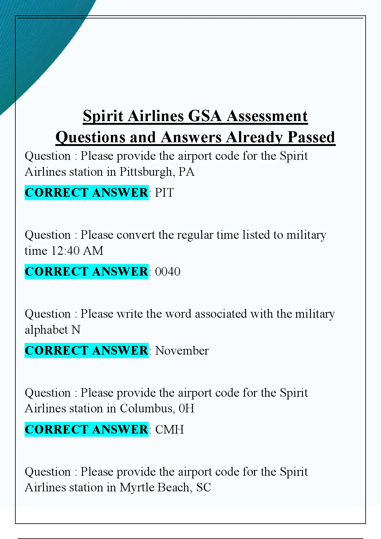 Spirit Airlines GSA Assessment Questions and Answers Already Passed