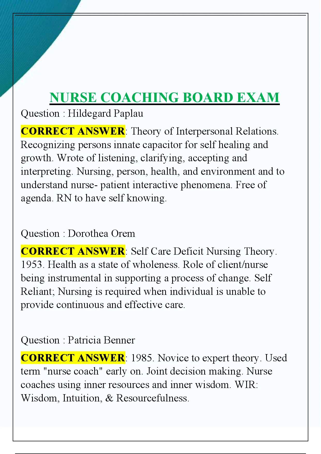 NURSE COACHING BOARD EXAM