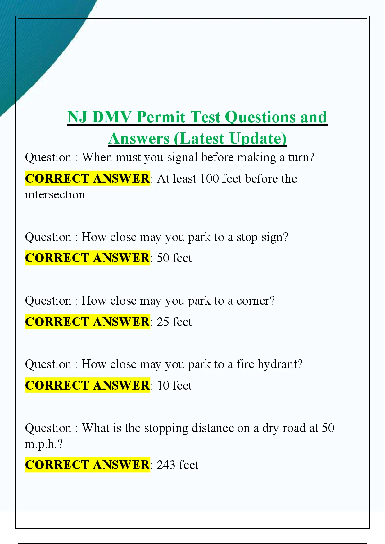 NJ DMV Permit Test Questions and Answers (Latest Update)