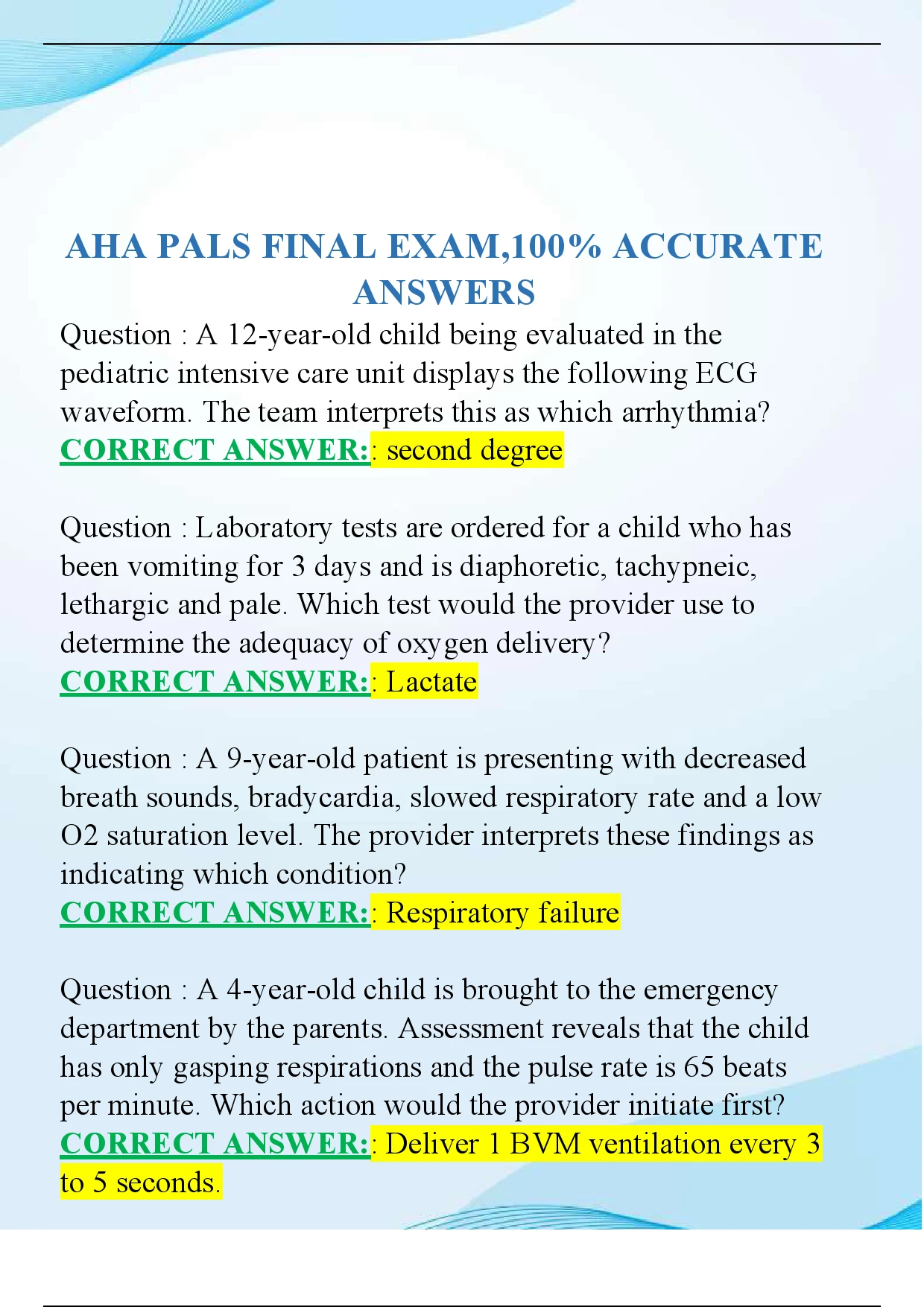 AHA PALS FINAL EXAM,100% ACCURATE ANSWERS