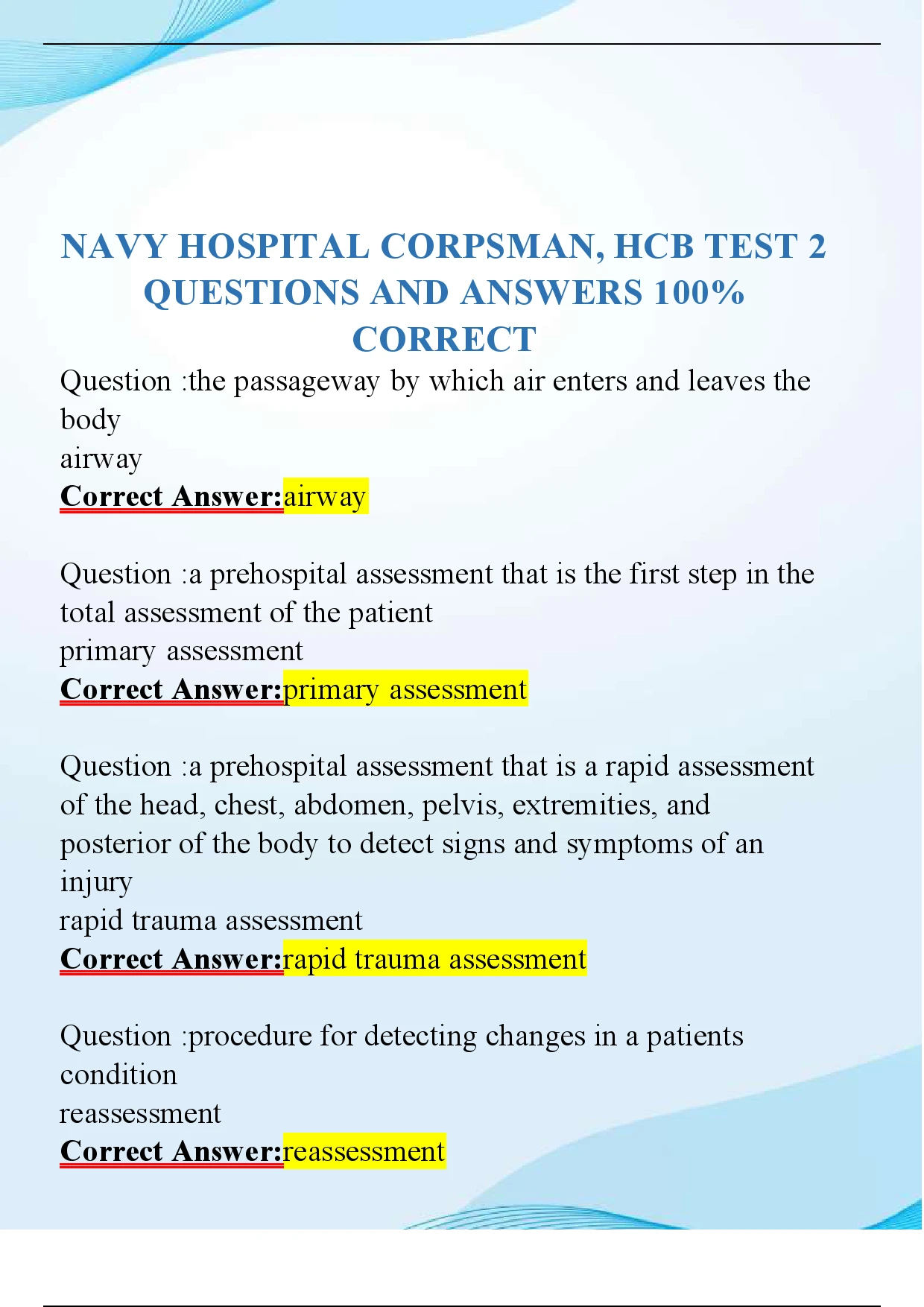 NAVY HOSPITAL CORPSMAN, HCB TEST 2 QUESTIONS AND ANSWERS 100% CORRECT