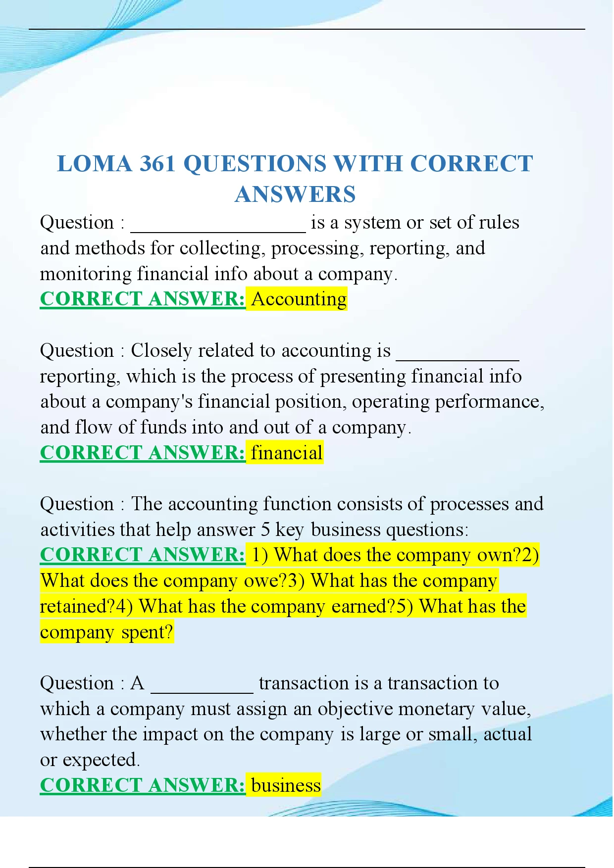 LOMA 361 QUESTIONS WITH CORRECT ANSWERS