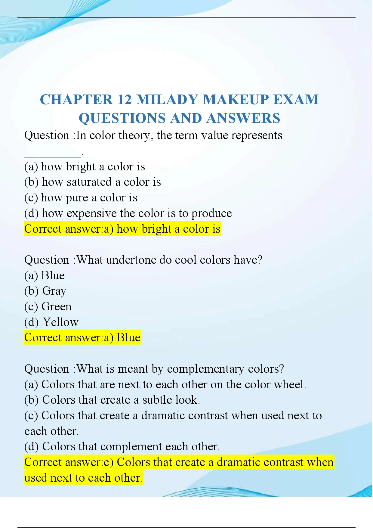 CHAPTER 12 MILADY MAKEUP EXAM QUESTIONS AND ANSWERS