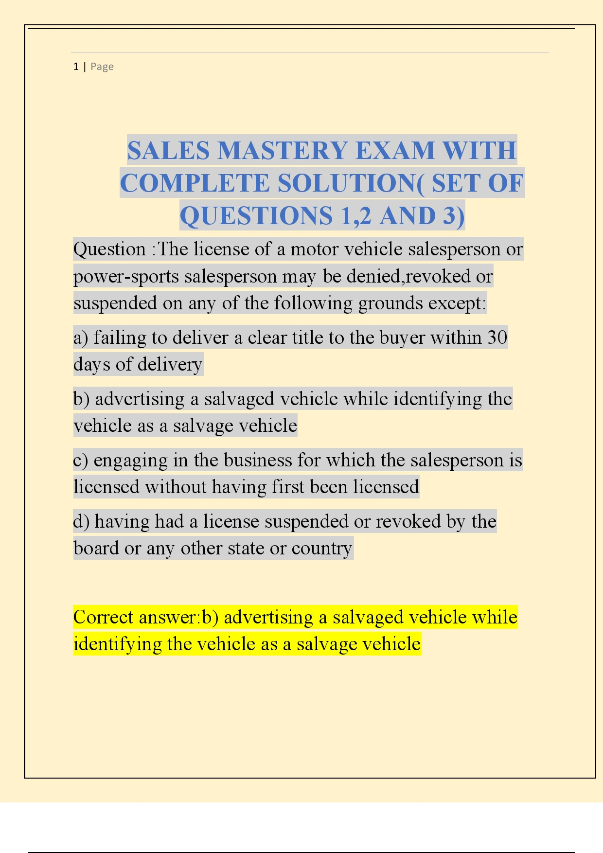 SALES MASTERY EXAM WITH COMPLETE SOLUTION( SET OF QUESTIONS 1,2 AND 3)