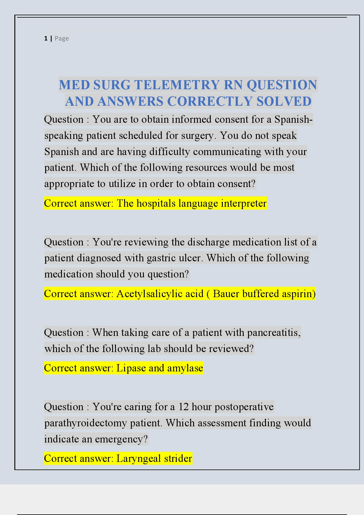 MED SURG TELEMETRY RN QUESTION AND ANSWERS CORRECTLY SOLVED