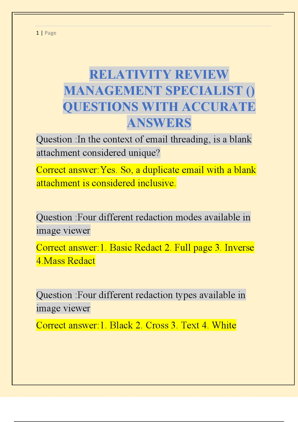 RELATIVITY REVIEW MANAGEMENT SPECIALIST () QUESTIONS WITH ACCURATE ANSWERS