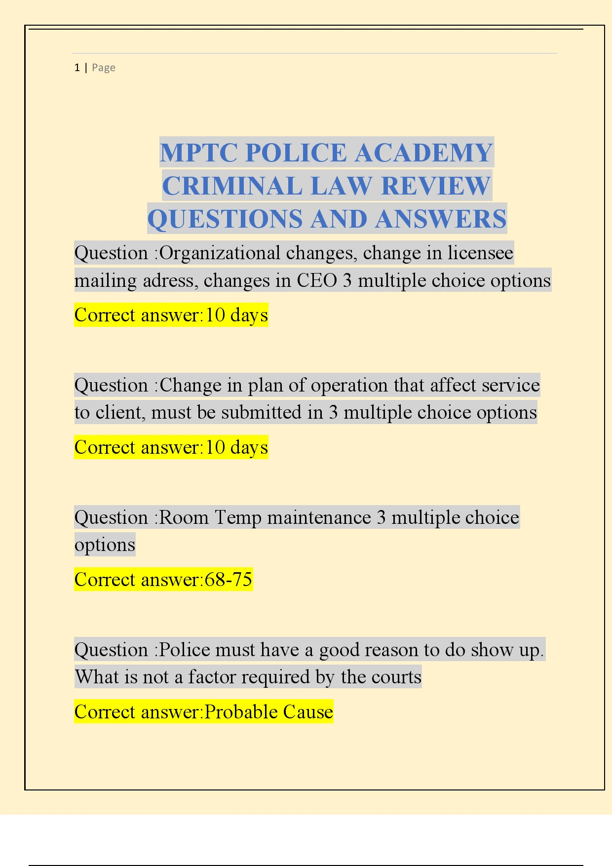 MPTC POLICE ACADEMY CRIMINAL LAW REVIEW QUESTIONS AND ANSWERS