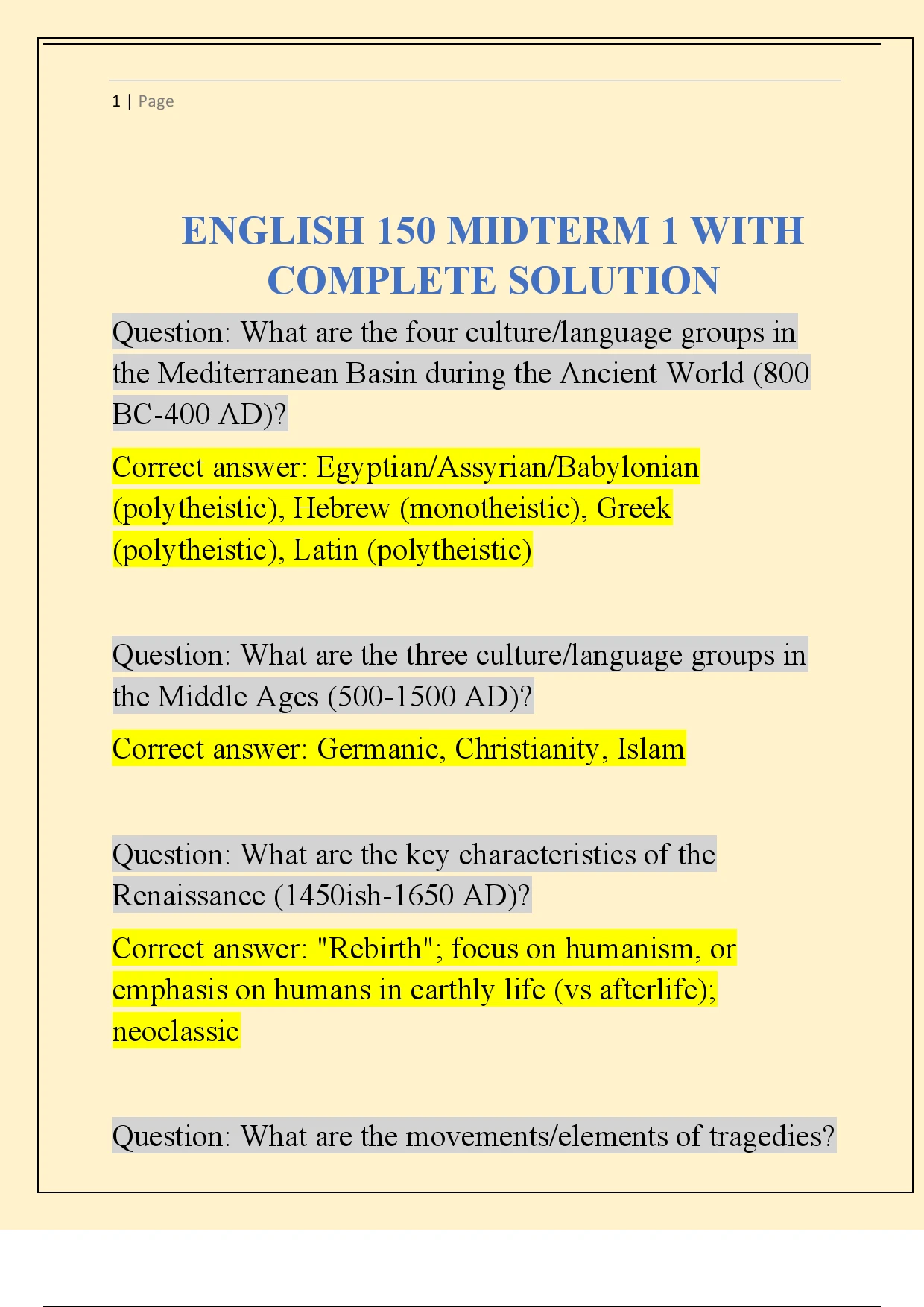 ENGLISH 150 MIDTERM 1 WITH COMPLETE SOLUTION