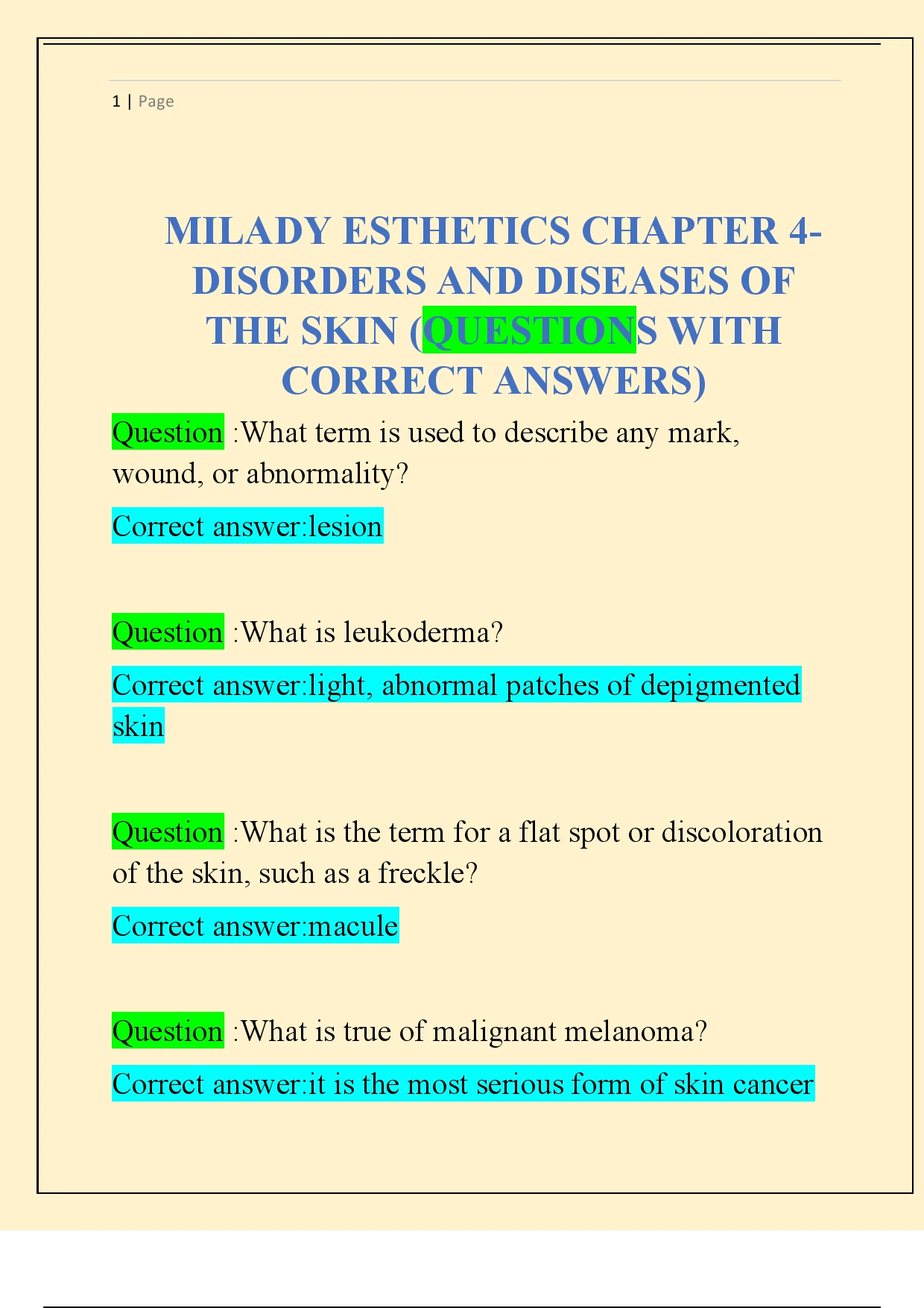 MILADY ESTHETICS CHAPTER 4- DISORDERS AND DISEASES OF THE SKIN ...