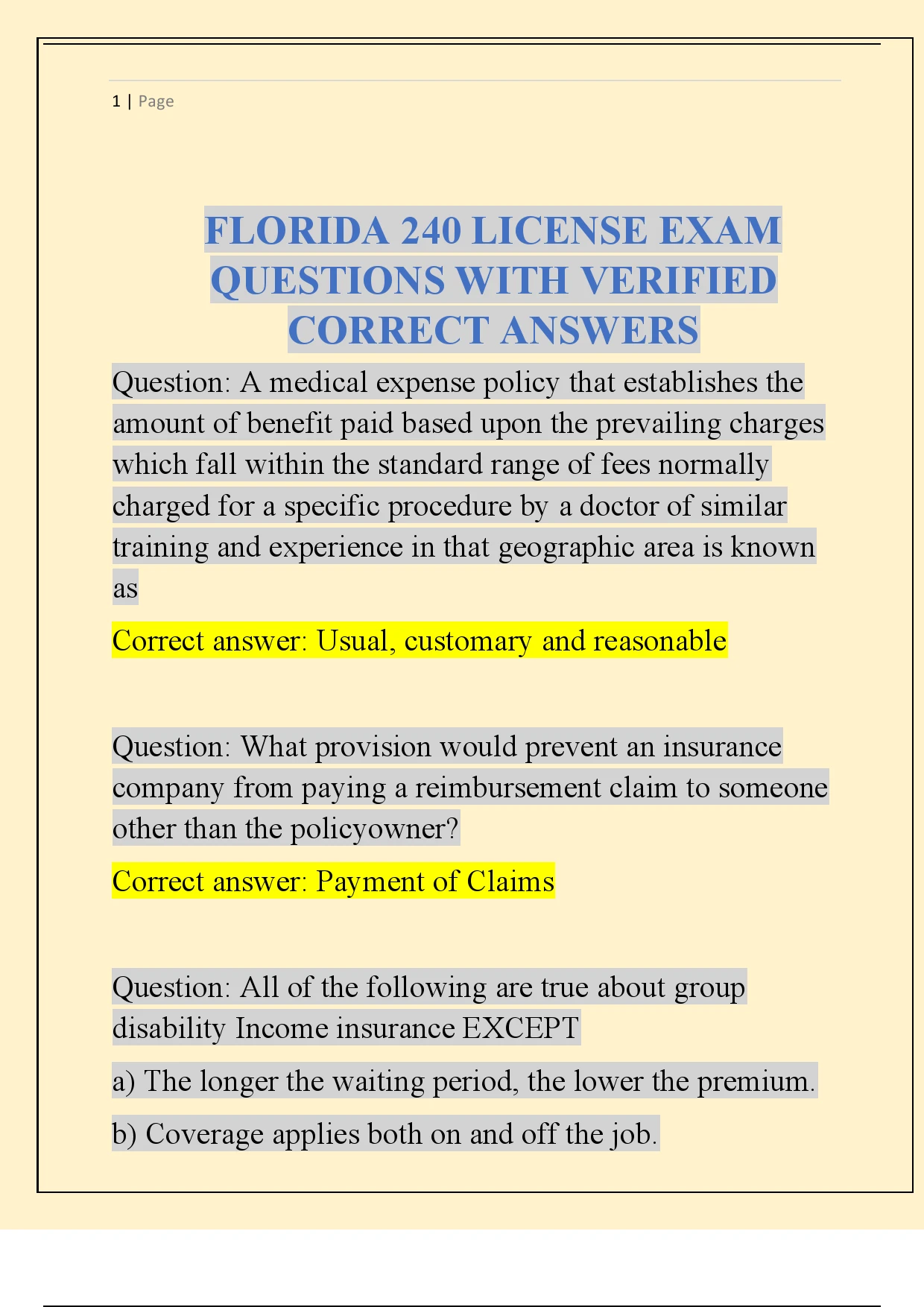FLORIDA 240 LICENSE EXAM QUESTIONS WITH VERIFIED CORRECT ANSWERS