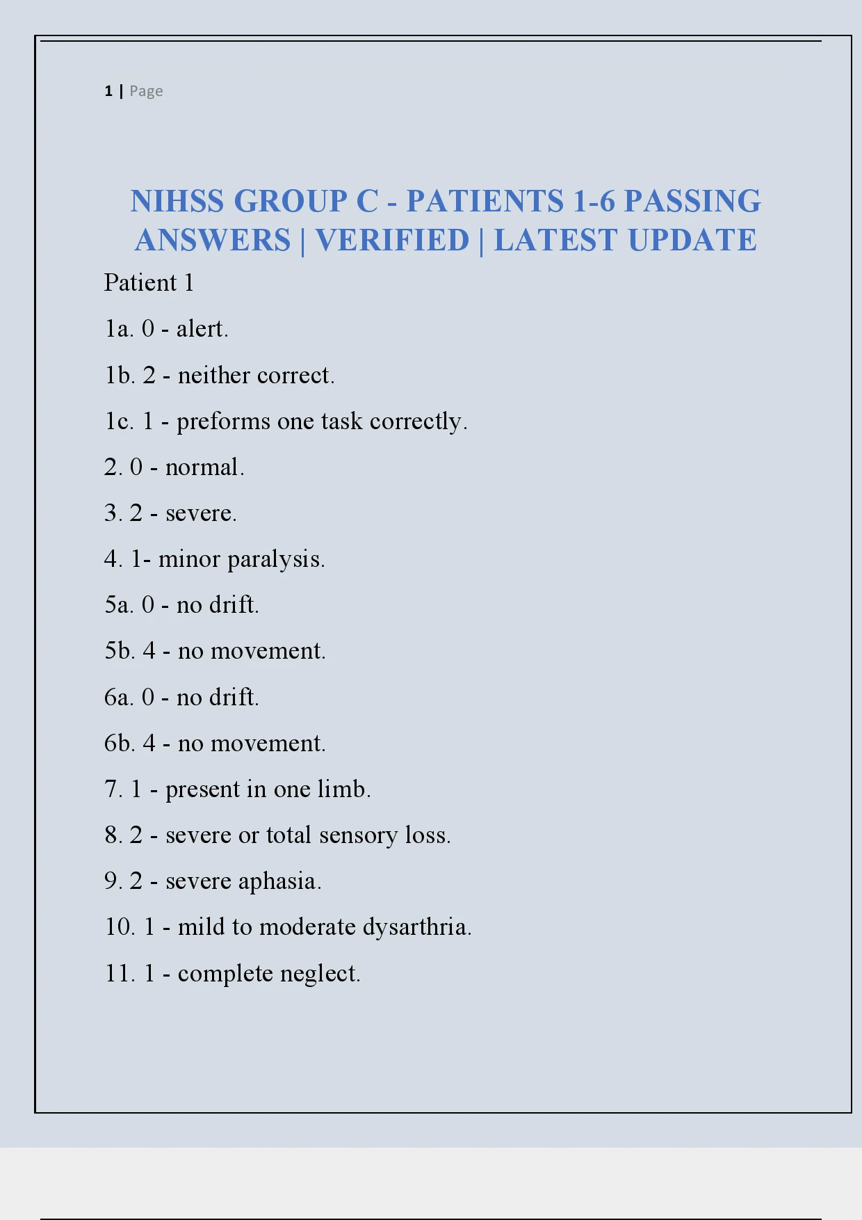 NIHSS GROUP C - PATIENTS 1-6 PASSING ANSWERS | VERIFIED | LATEST UPDATE