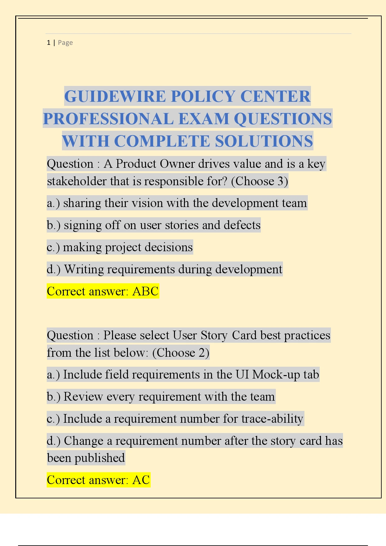 GUIDEWIRE POLICY CENTER PROFESSIONAL EXAM QUESTIONS WITH COMPLETE SOLUTIONS