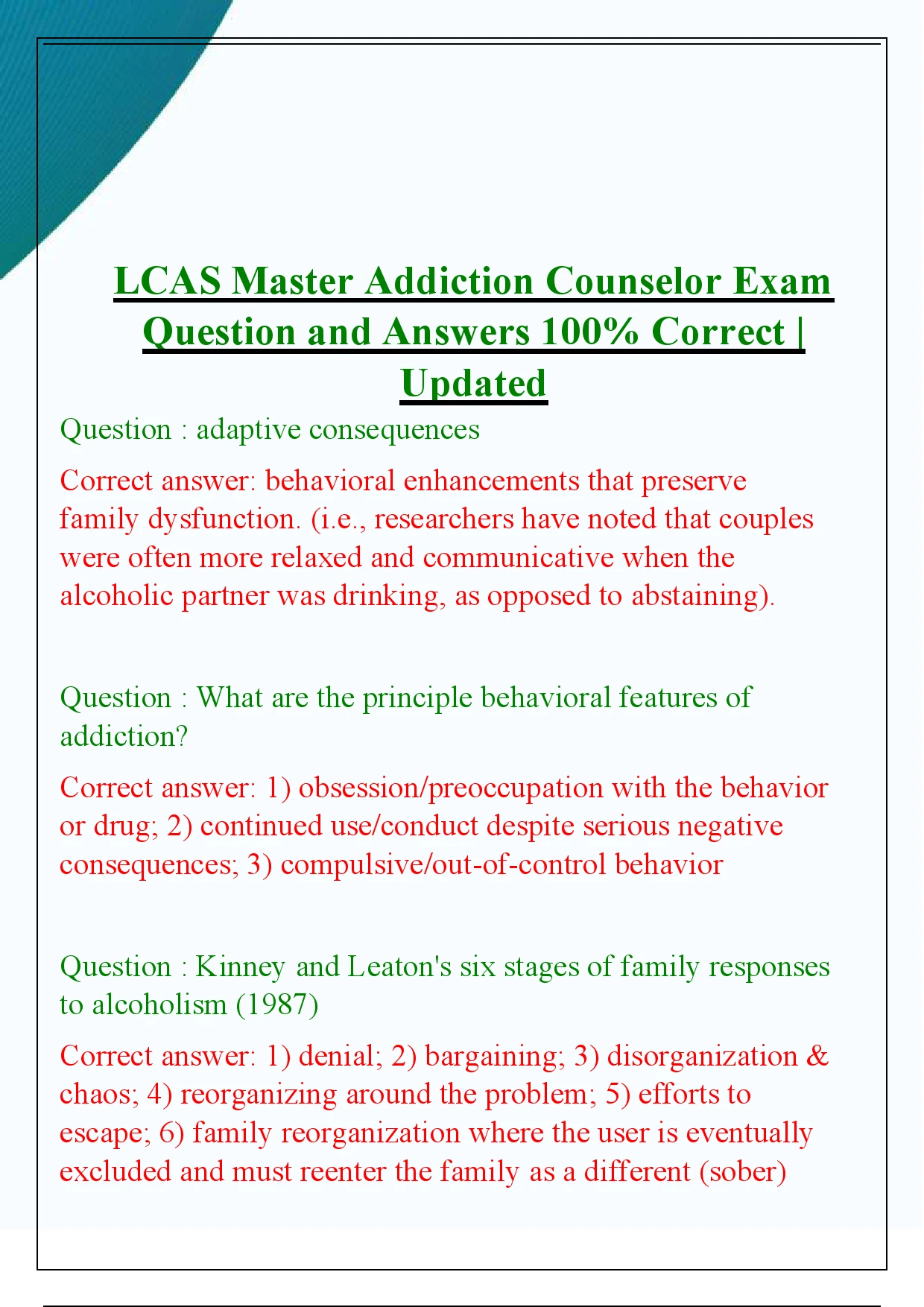 LCAS Master Addiction Counselor Exam Question and Answers 100% Correct ...