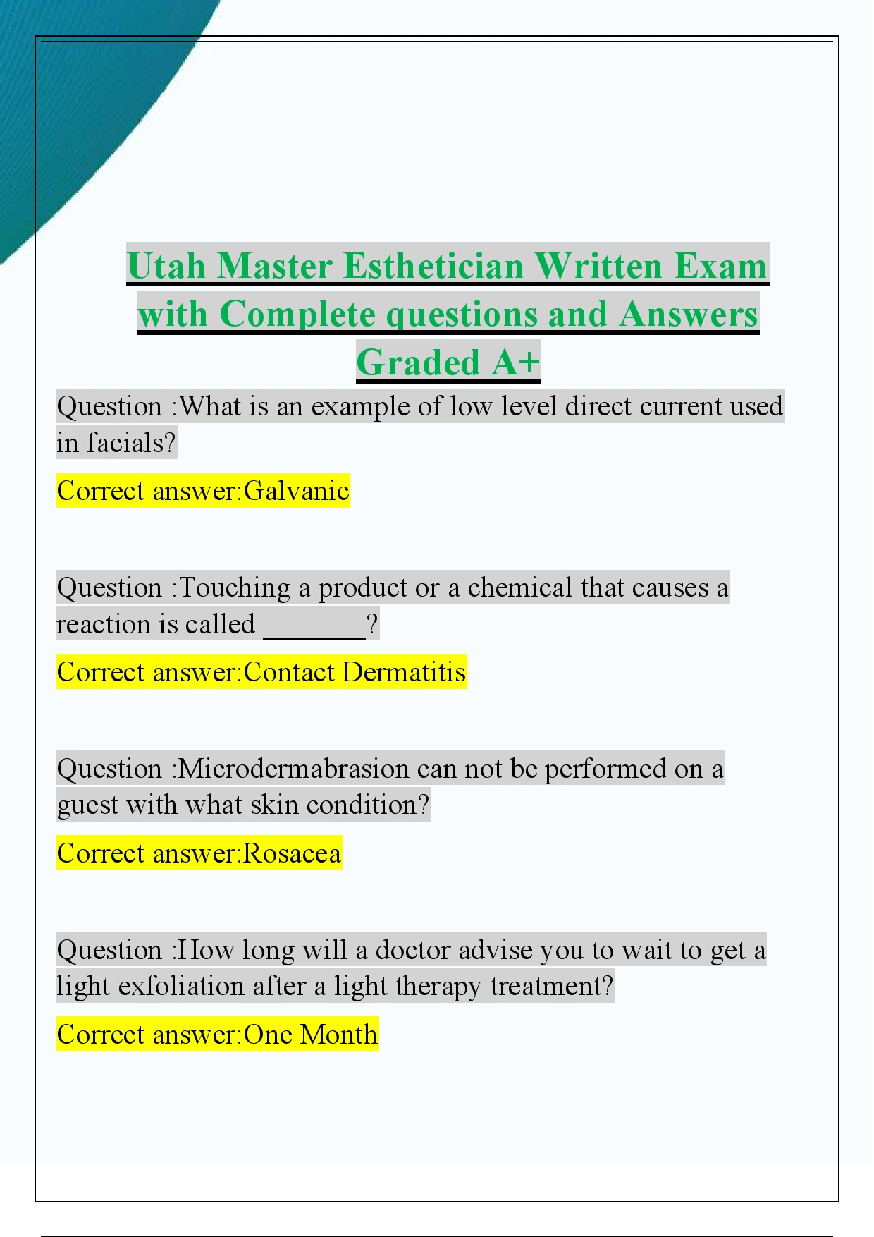 Utah Master Esthetician Written Exam with Complete questions and ...