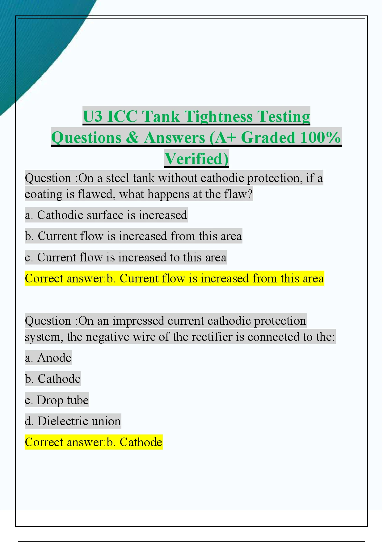 U3 ICC Tank Tightness Testing Questions & Answers (A+ Graded 100% Verified)