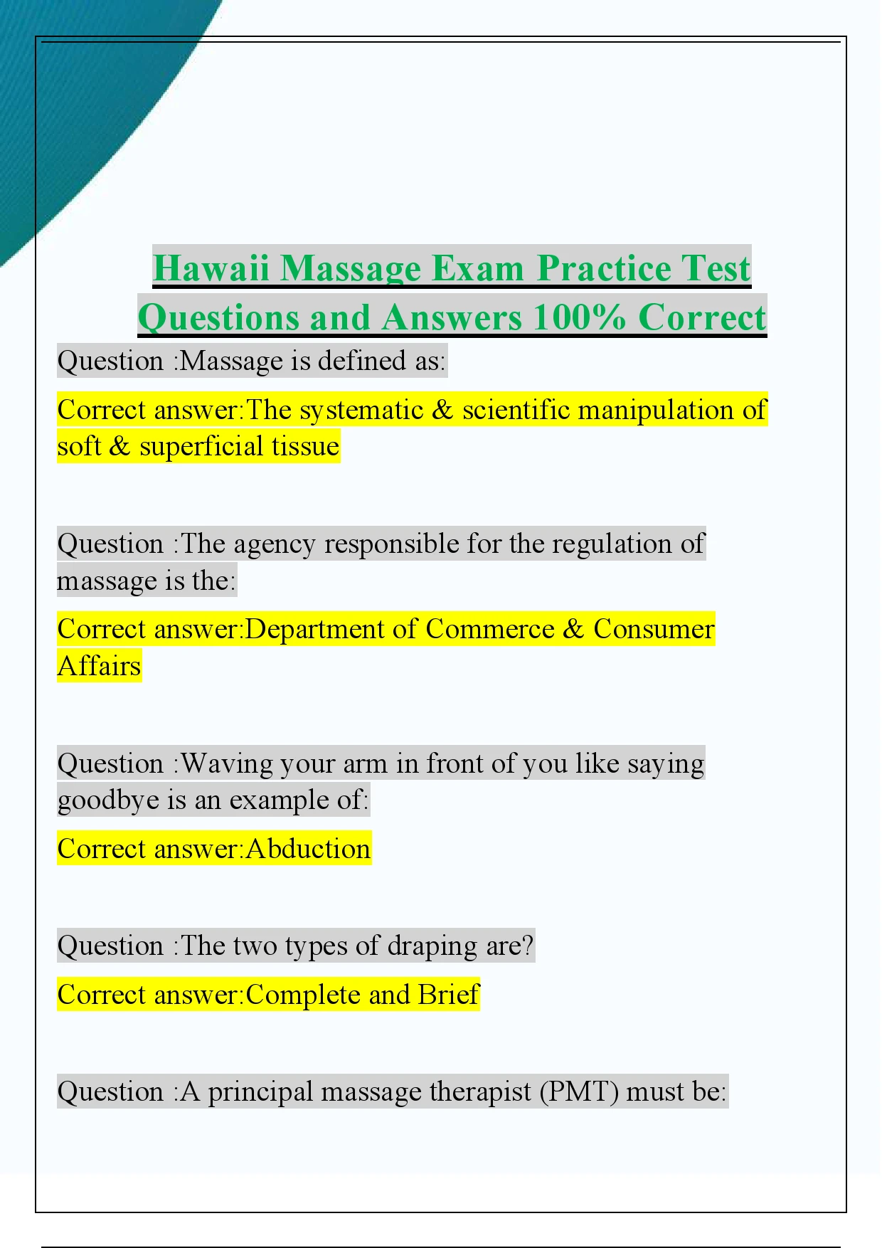 Hawaii Massage Exam Practice Test Questions and Answers 100% Correct