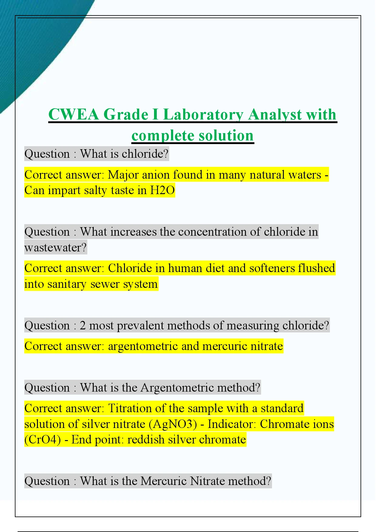 CWEA E/I 2 Study Guide Questions and Answers with complete solution