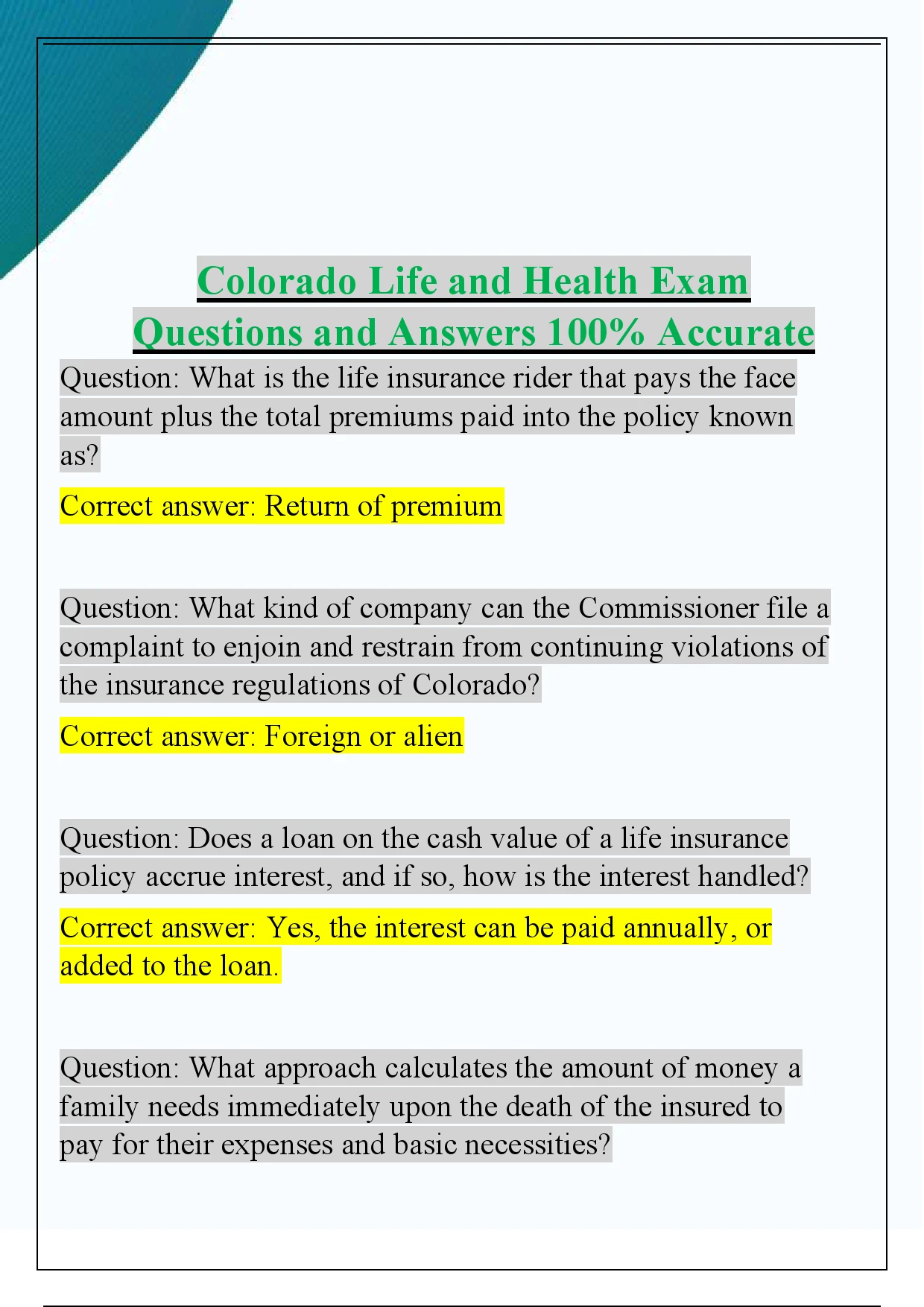 Colorado Life and Health Exam Questions and Answers 100% Accurate