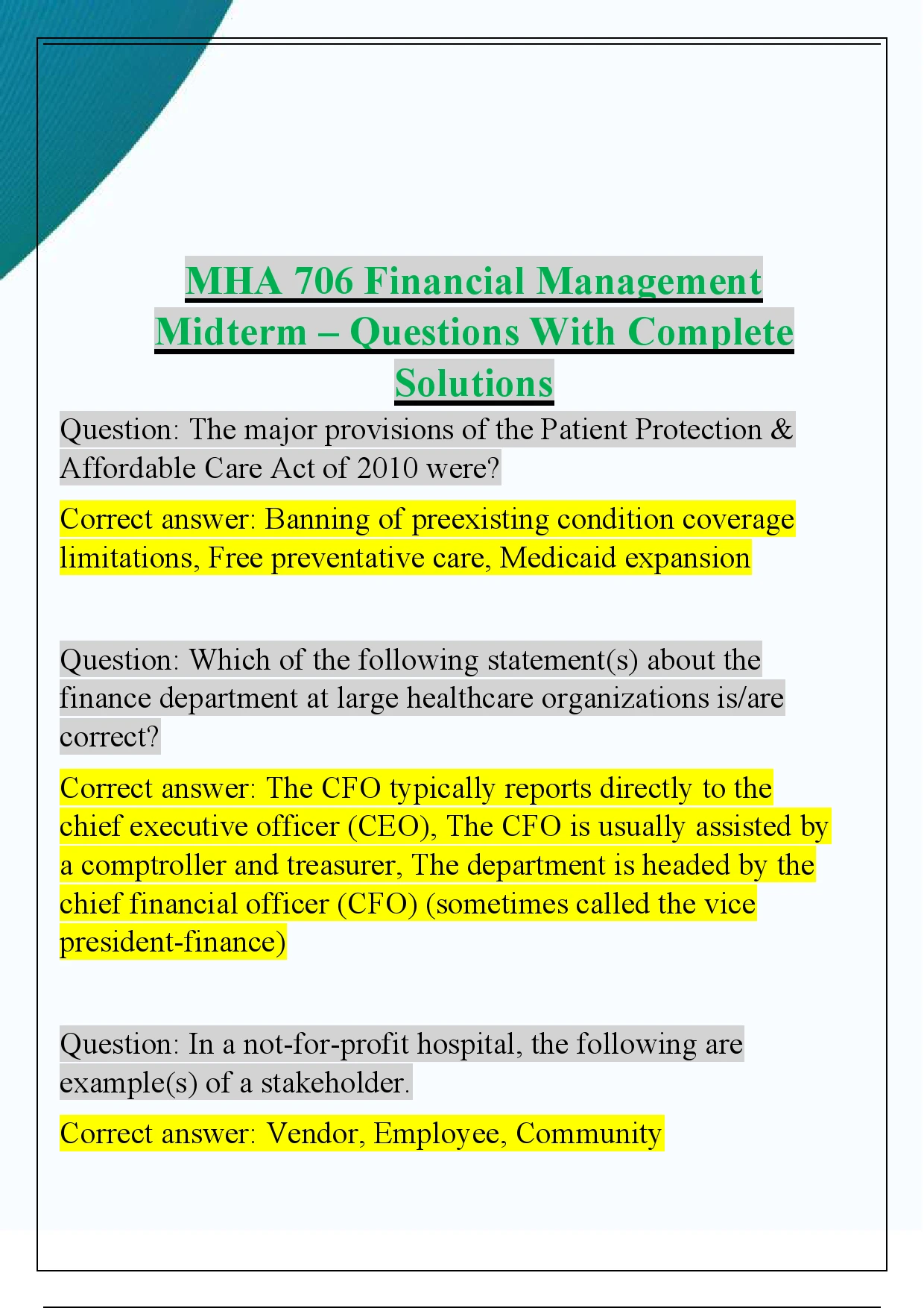 MHA 706 Financial Management Midterm – Questions With Complete Solutions
