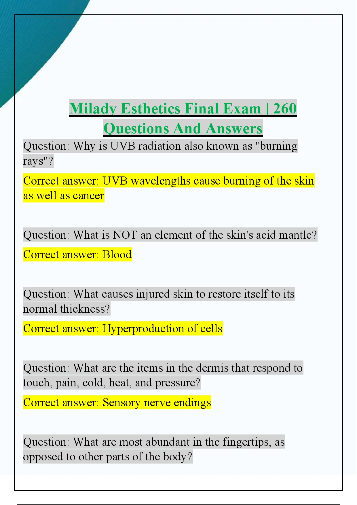 Milady Esthetics Final Exam | 260 Questions And Answers