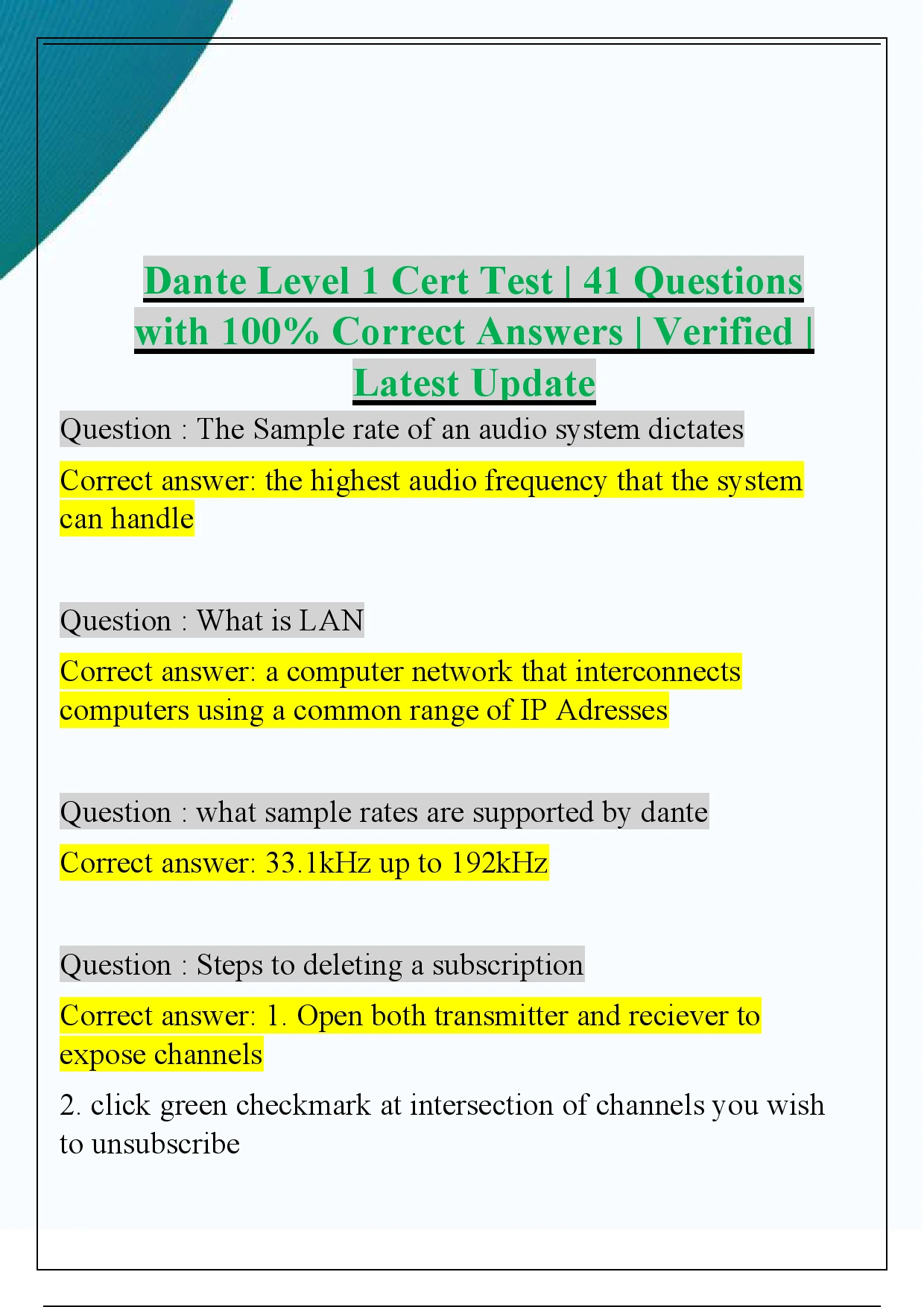 Dante Level 1 Cert Test | 41 Questions with 100% Correct Answers ...