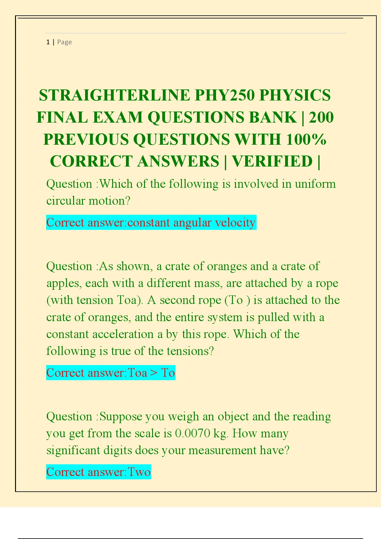 STRAIGHTERLINE PHY250 PHYSICS FINAL EXAM QUESTIONS BANK | 200 PREVIOUS ...