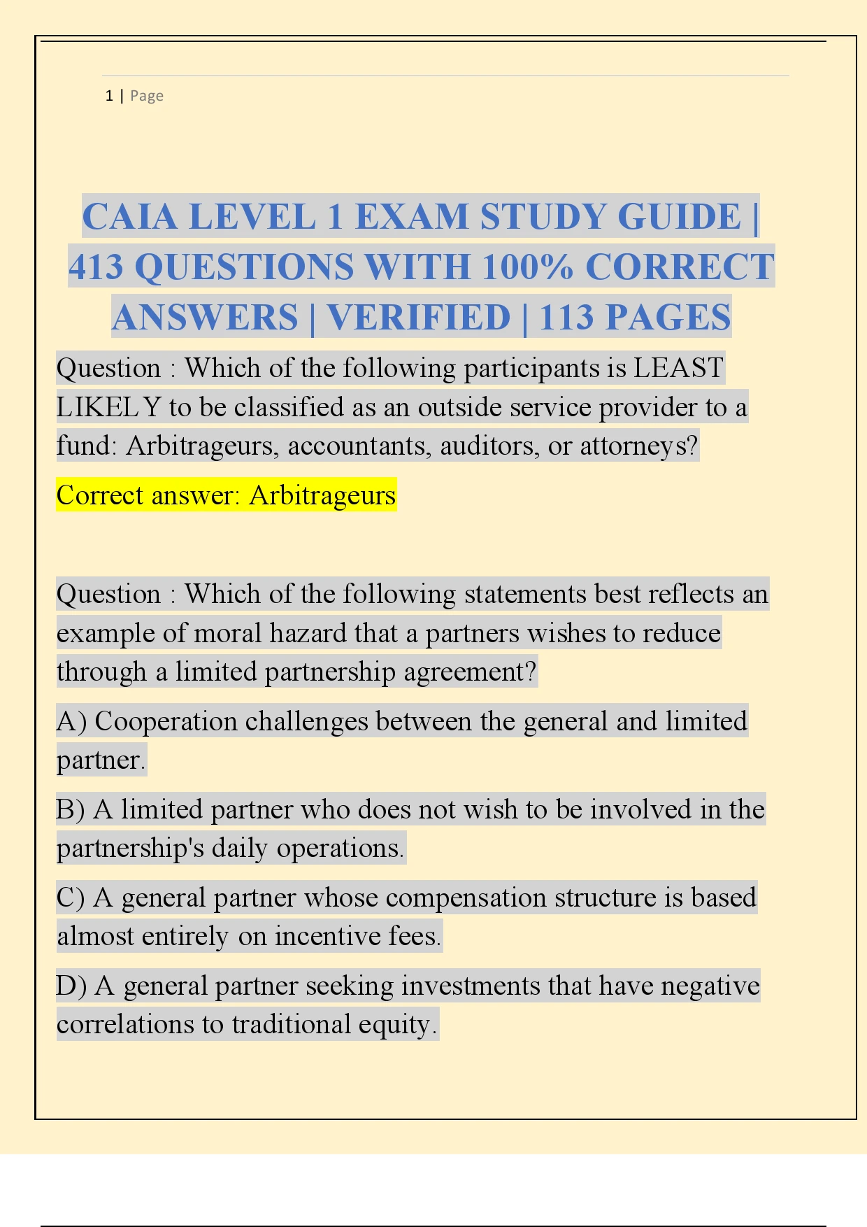 CAIA LEVEL 1 EXAM STUDY GUIDE | 413 QUESTIONS WITH 100% CORRECT ANSWERS ...