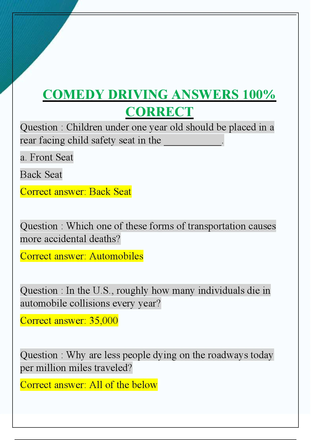 COMEDY DRIVING ANSWERS (FOR TICKET DISMISSAL) QUESTIONS WITH CORRECT ...