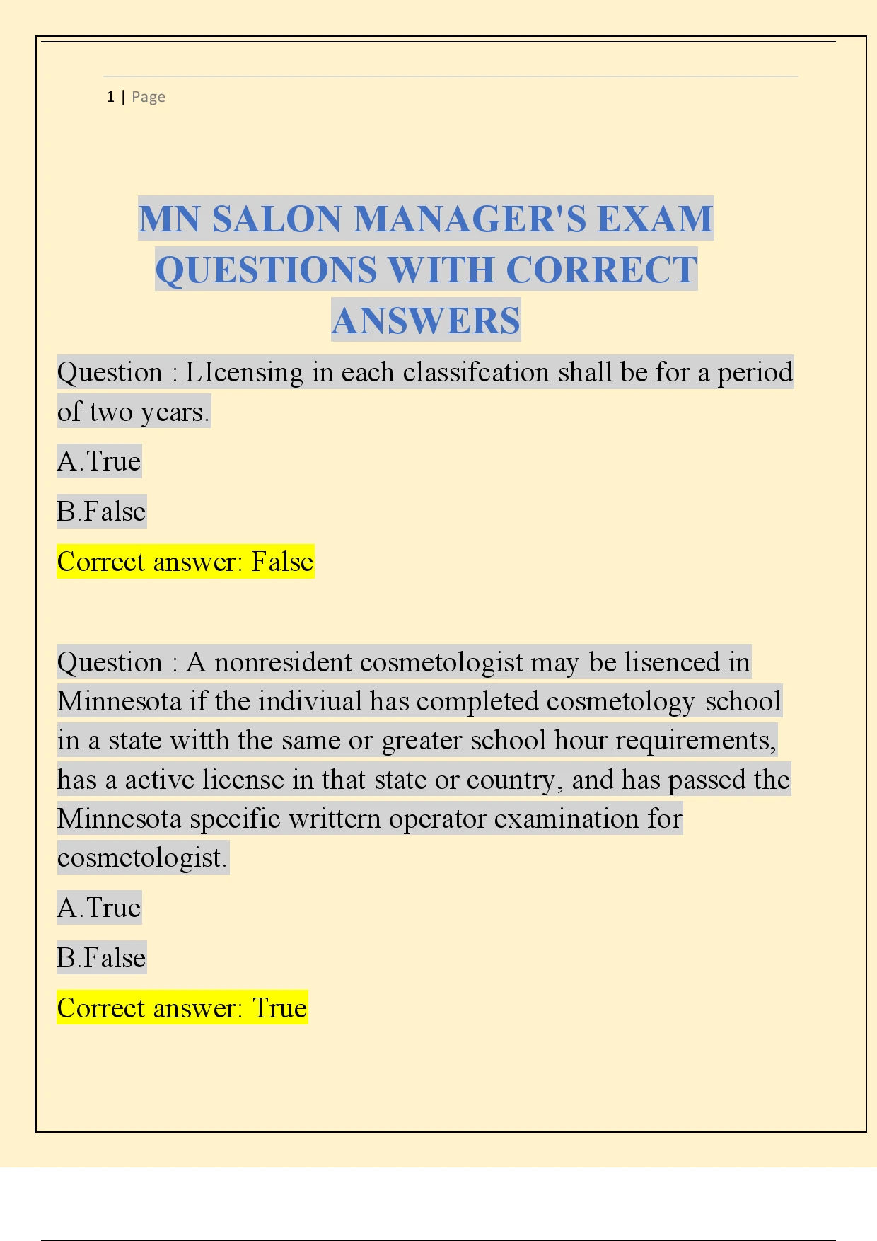 MN SALON MANAGER'S EXAM QUESTIONS WITH CORRECT ANSWERS