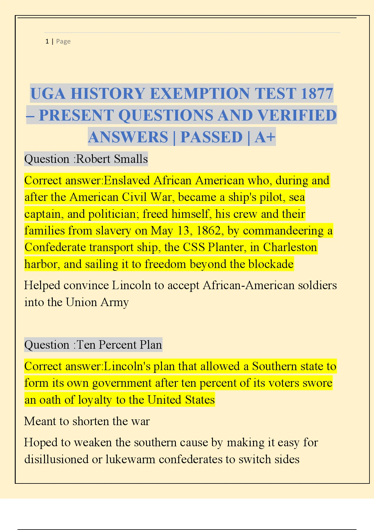 UGA HISTORY EXEMPTION TEST 1877 – PRESENT QUESTIONS AND VERIFIED ...