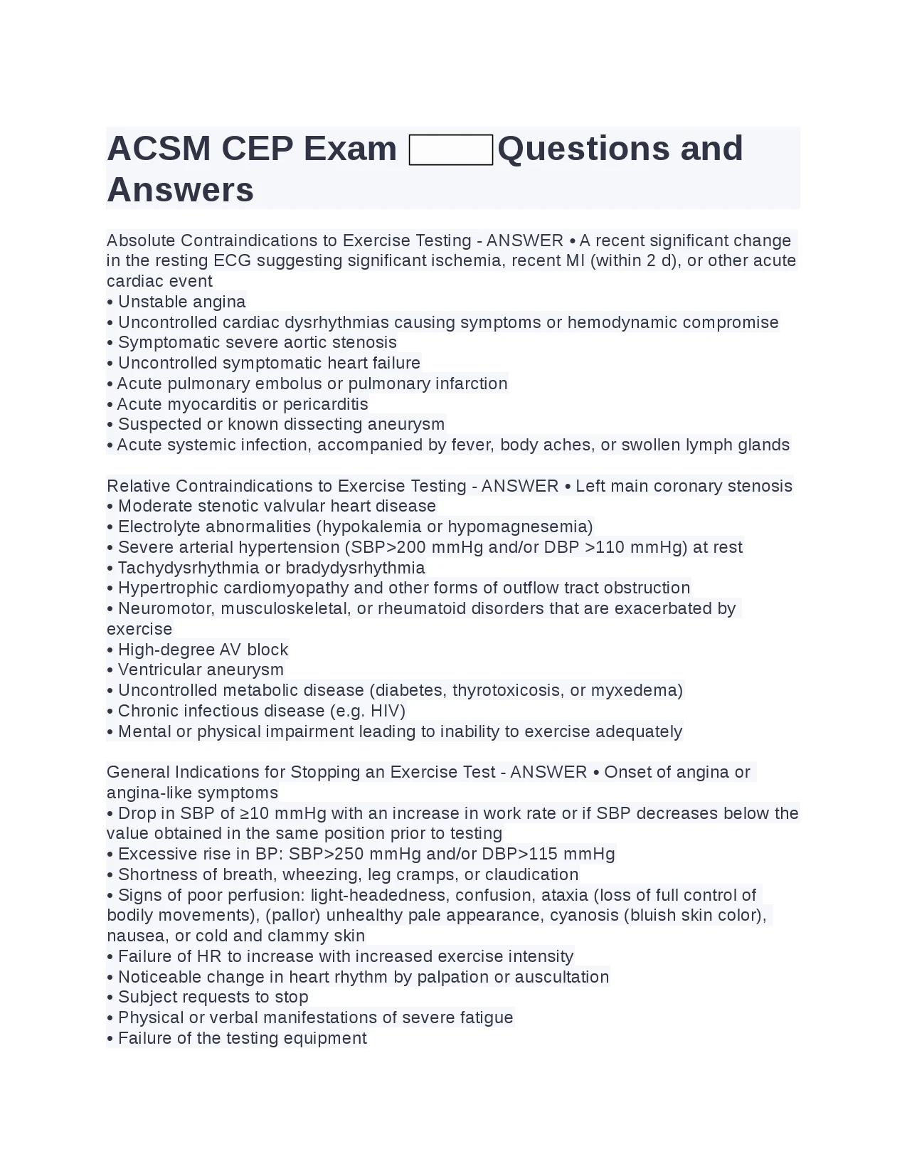ACSM CEP Exam Questions and Answers